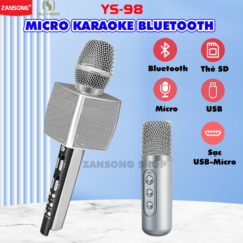 Micro karaoke hỗ trợ ghi âm YS-98 Zansong loa bluetooth bass trầm ấm,tặng kèm mic phụ song ca ...