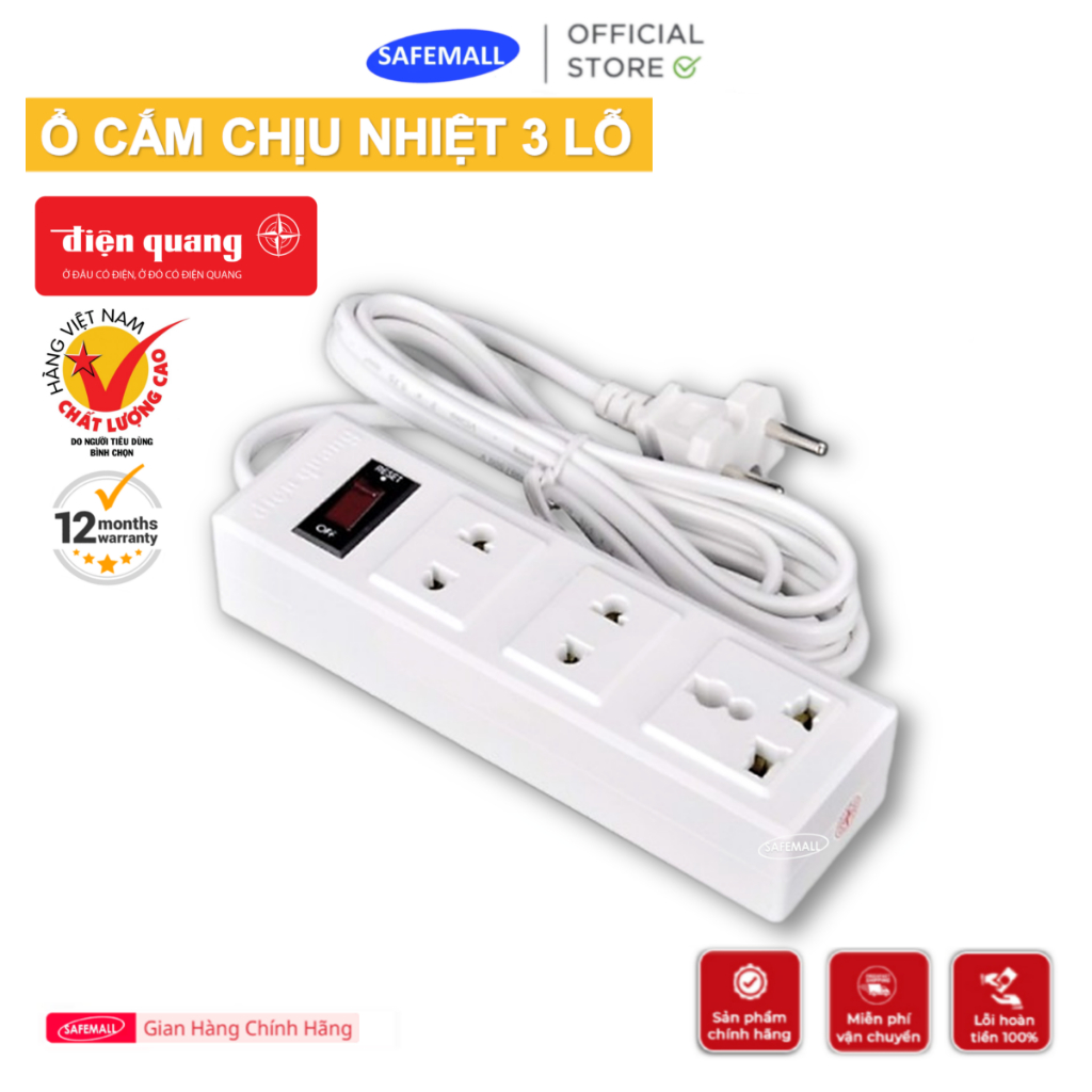 Ổ Cắm Điện Quang ĐQ 002A-02 ( 3 lỗ ) trắng công suất 2500W dây dài 2m/5m - Bảo hành 12 tháng ...