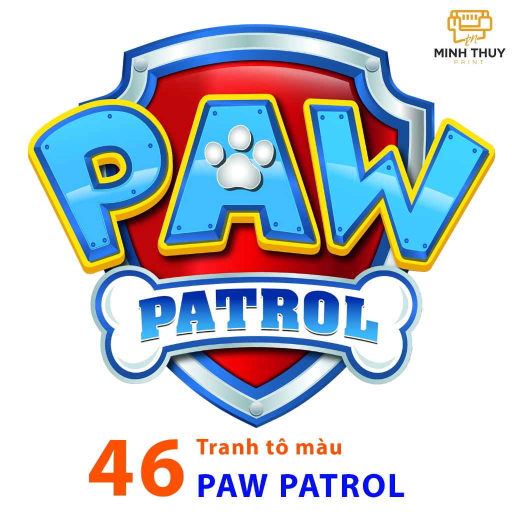 Tranh tô màu cho bé 46 tranh Paw Patrol, giấy 250g, tô chì, sáp, dạ, màu nước... các khổ A4-A5 ...