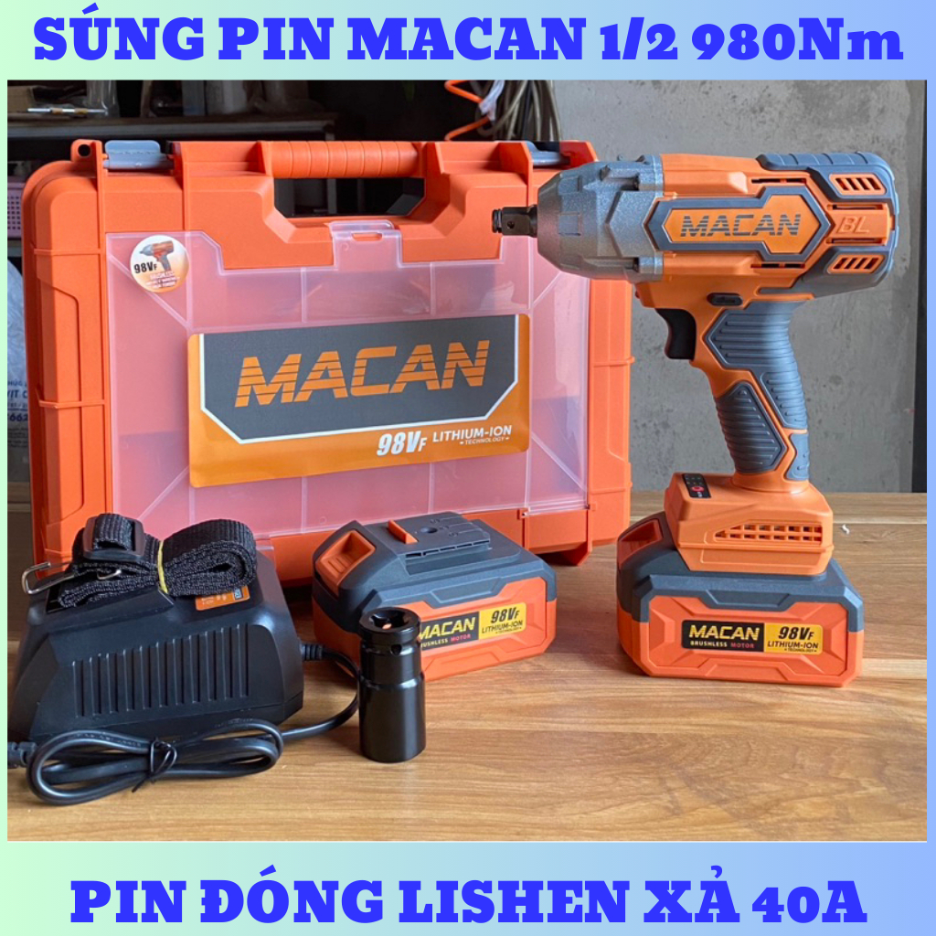 Máy siết Bulong MACAN,Lực siết khủng 980Nm, 2 Pin đóng Lishen xả cao 40A, Động Cơ Không Chổi ...