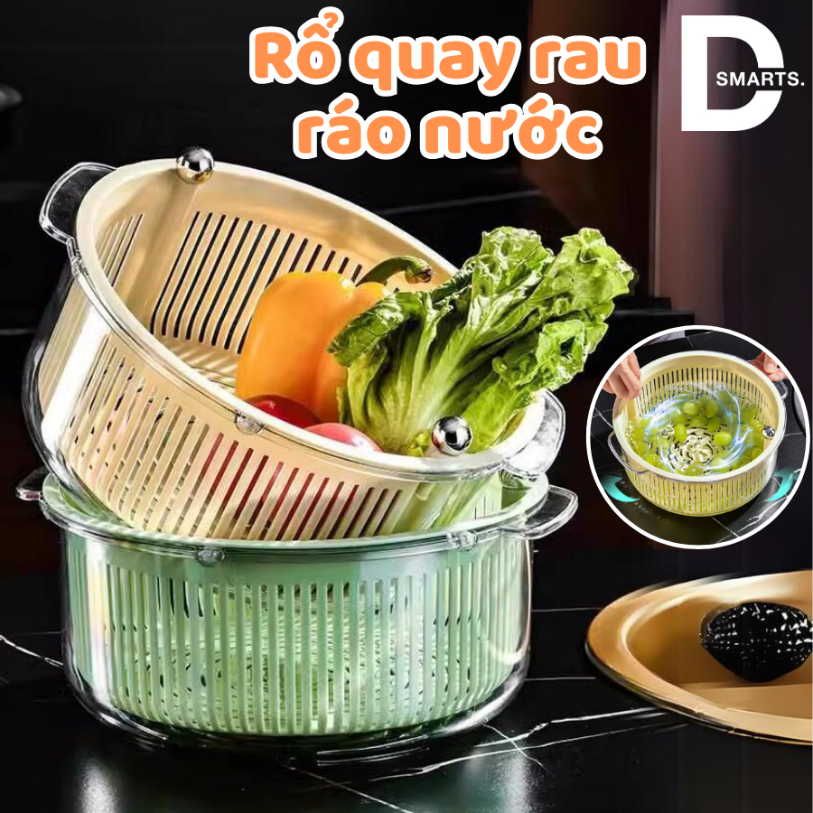 Rổ quay rau 2 lớp trong suốt vắt kiệt nước thế hệ mới, Rổ rửa rau củ quả chất liệu nhựa PP cao ...