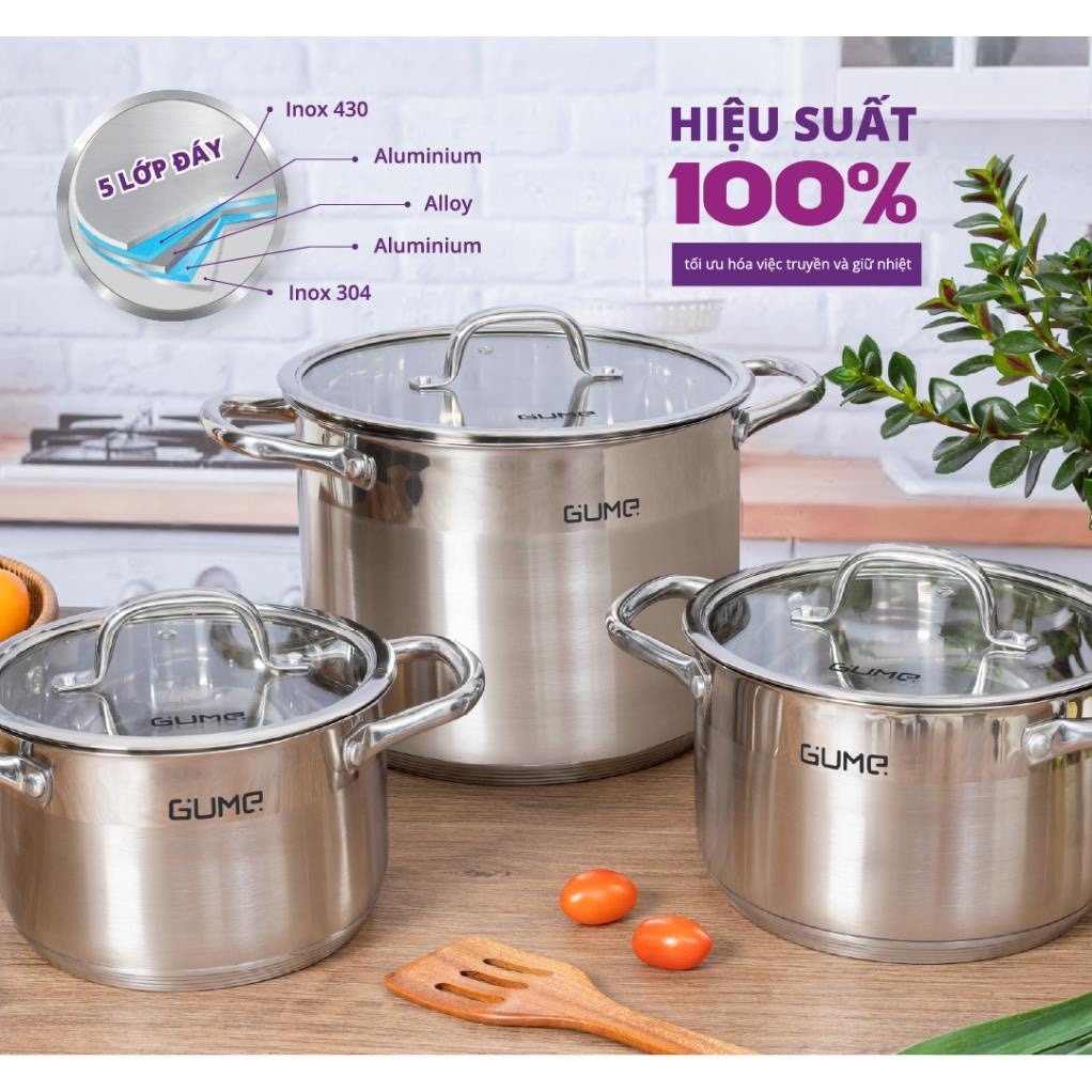 HÀNG CHUẨN- Bộ 3 Nồi GUME Hàn Quốc Inox 304 Cao Cấp Đáy 5 Lớp Size 18-20-24cm Bảo Hành 5 Năm ...