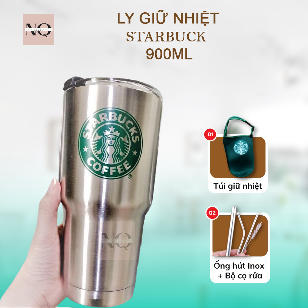 Ly giữ nhiệt Starbuck thái lan 900ml kèm tặng 2 ống hút inox, túi giữ ...
