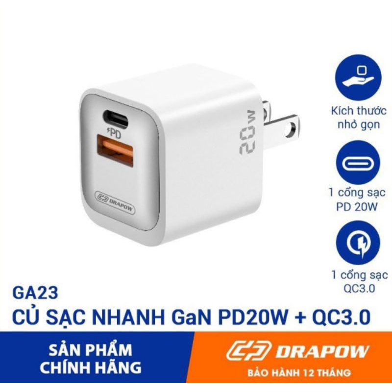 Củ sạc nhanh PD 20W 2 cổng sạc Drapow GA23 - bảo hành 1 năm | Shopee ...