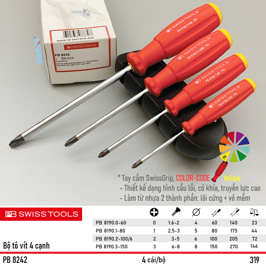 Bộ tô vít 4 cạnh PB 8242 gồm 4 chi tiết (PH 0/1/2/3), tay cầm SwissGrip ...