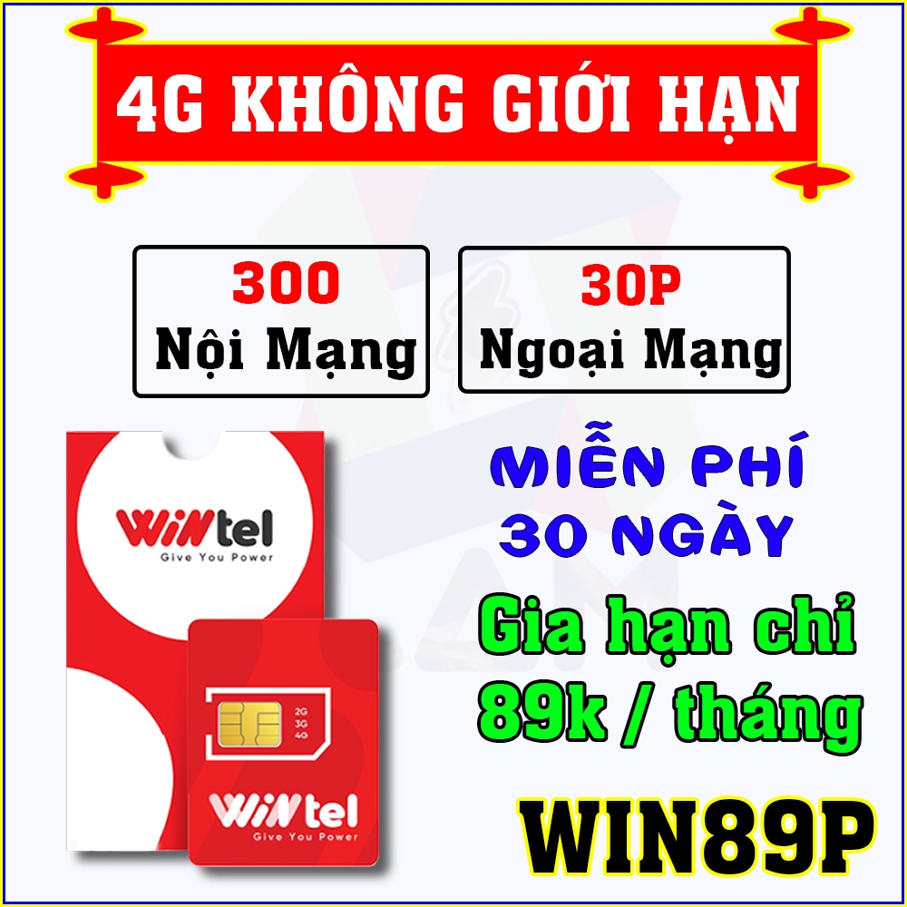 (Có eSIM) Sim 4G Wintel WIN89P 100 Tỷ GB Dùng KHÔNG GIỚI HẠN Data, Gọi ...