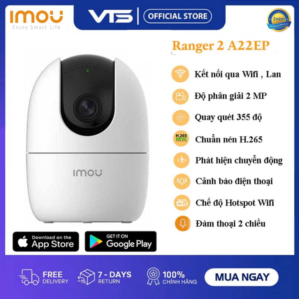 Camera IP WIFI IMOU Ranger 2 A22EP 2MP, Full HD 1080P, Xoay 360 độ, Đàm ...