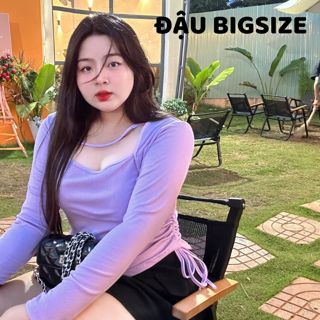 Áo thun bigsize nữ tay dài cổ vuông kèm dây chéo cổ và dây rút 2 bên chất thun gân thoáng mát ...