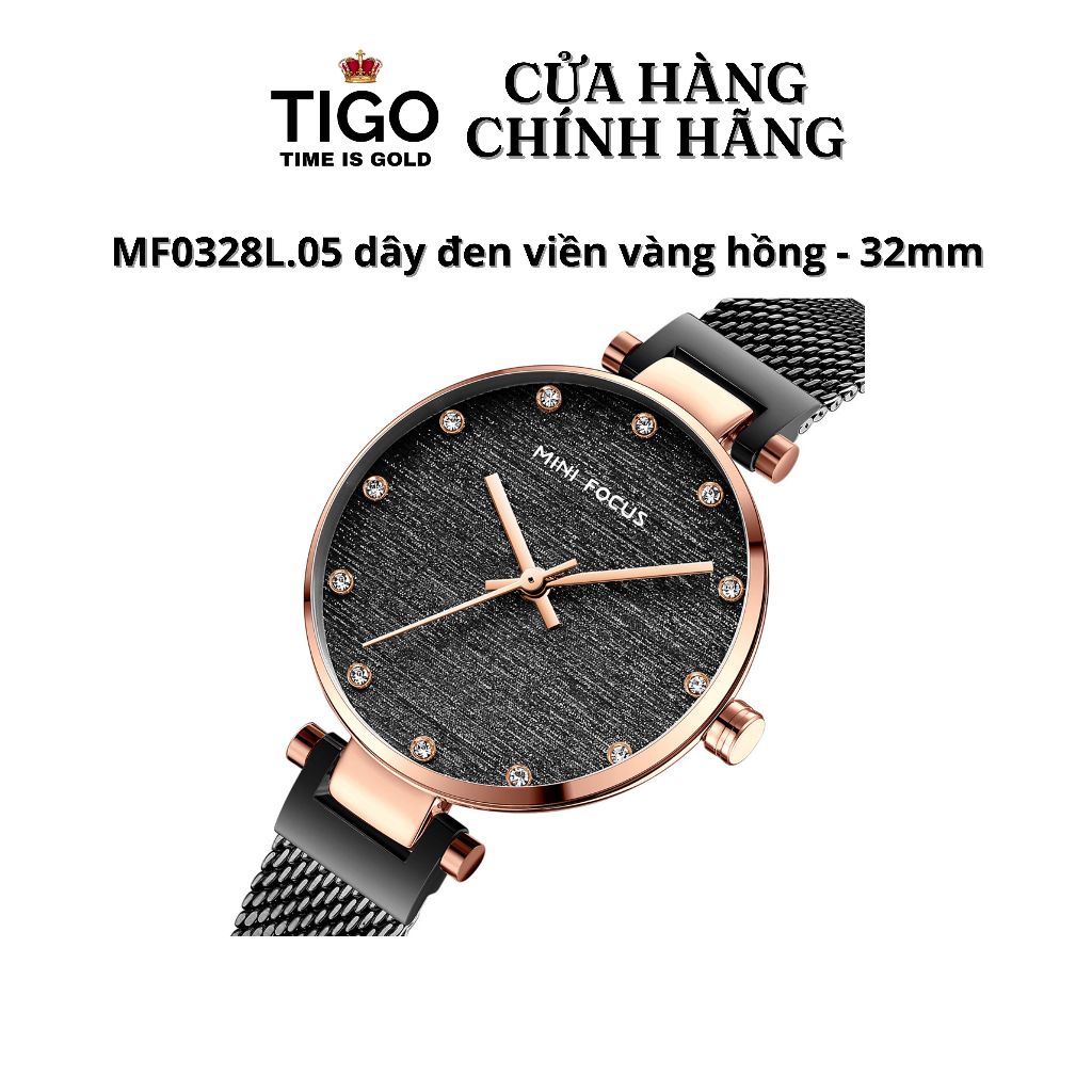 Đồng Hồ Nữ MINI FOCUS MF0328L.05 Dây Thép Đen Viền Vàng Hồng Thép Không Gỉ Mặt Tròn 32mm ...