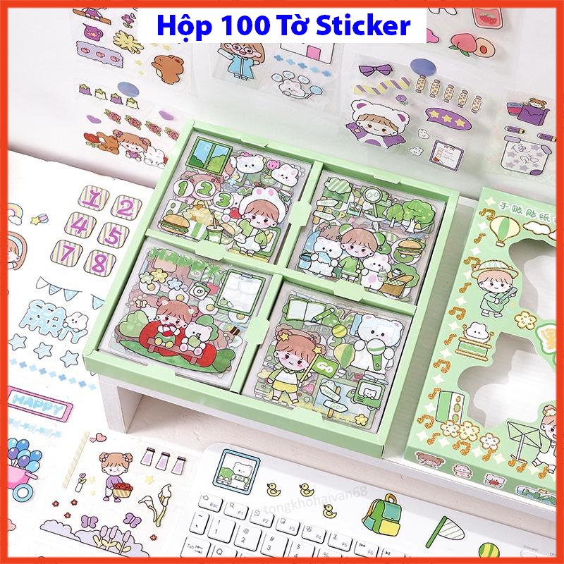 Hộp 100 tấm sticker cute dễ thương,set sticker trang trí dán tập vở ...