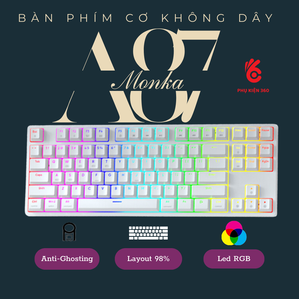 Bàn phím cơ không dây MONKA A87 - trục cơ Yellow switch đã được pre ...