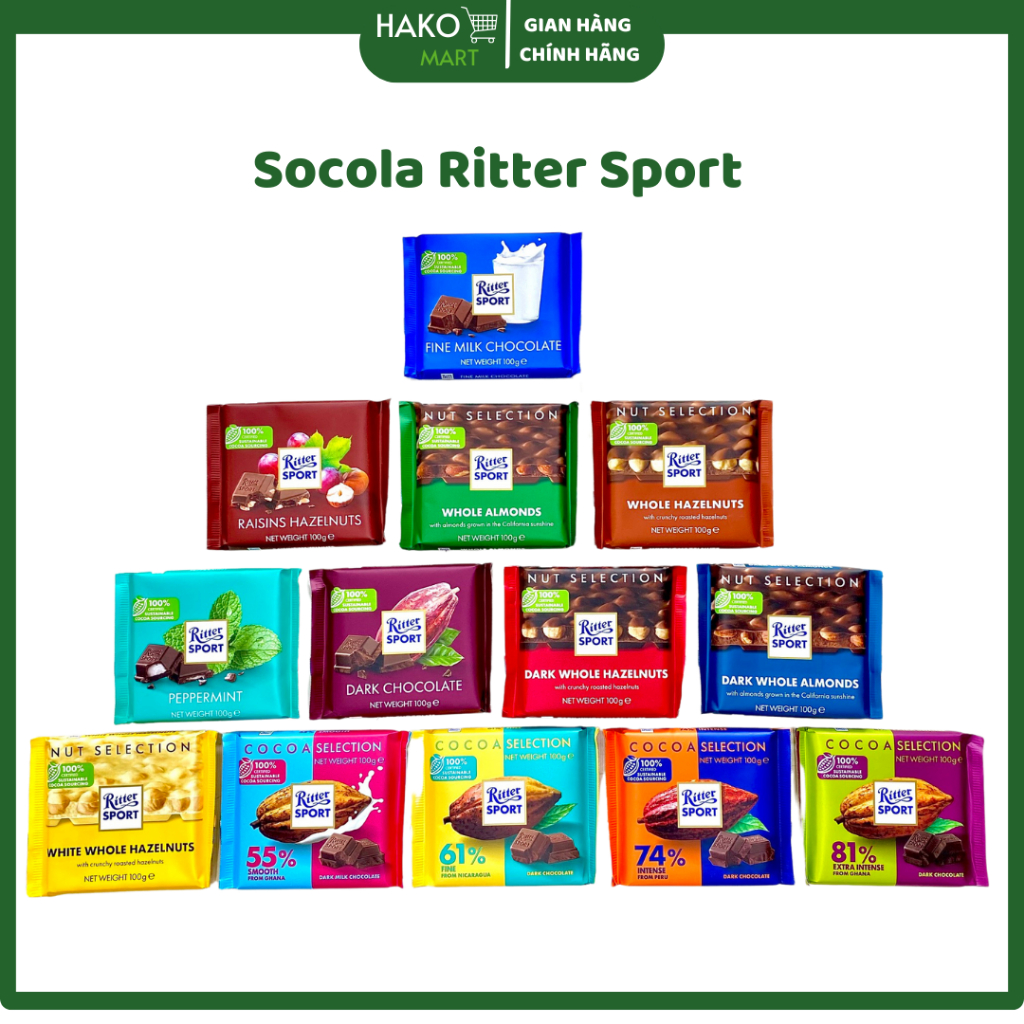 Socola Ritter Sport Đức Dạng Thanh 100G Tổng Hợp Các Vị Ngon | Shopee ...