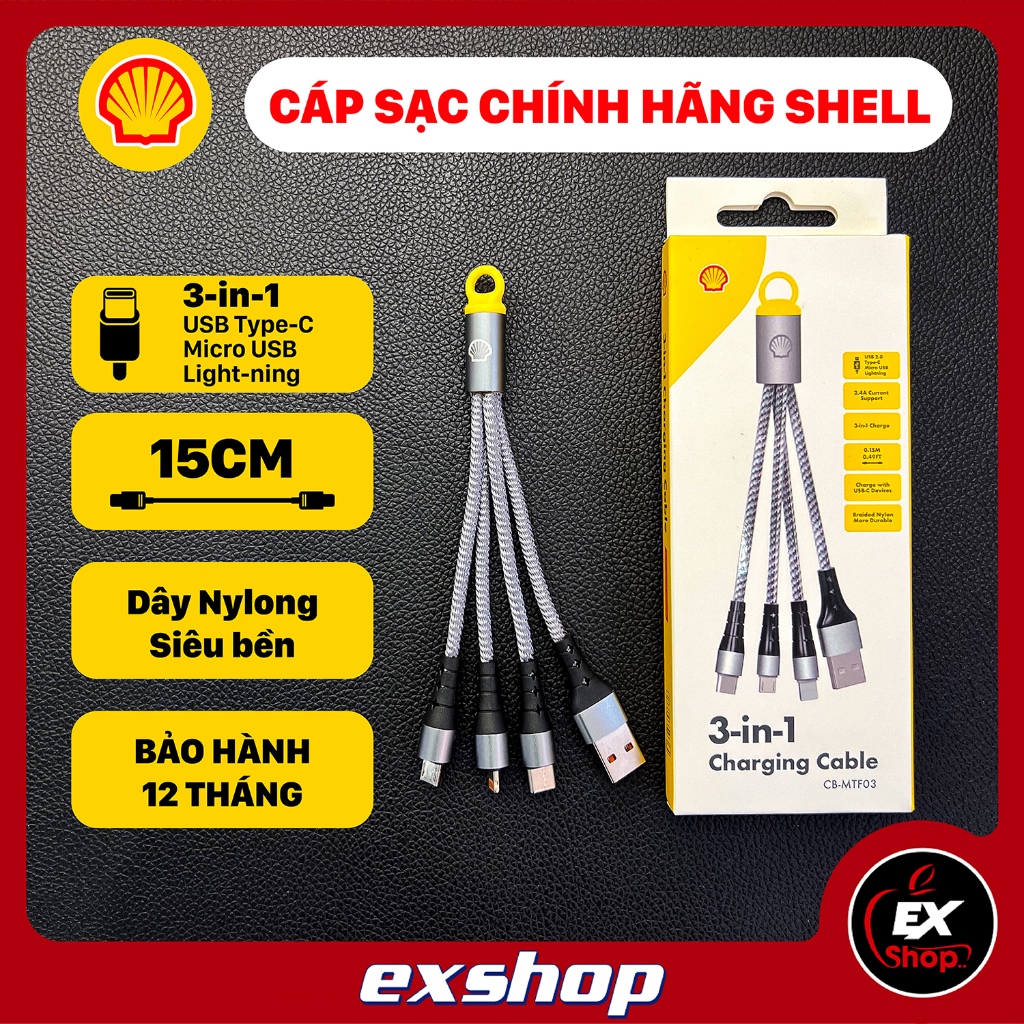 Cáp sạc 15CM 3-in-1 cao cấp chính hãng SHELL | Bọc dù Nylon và nhôm ...