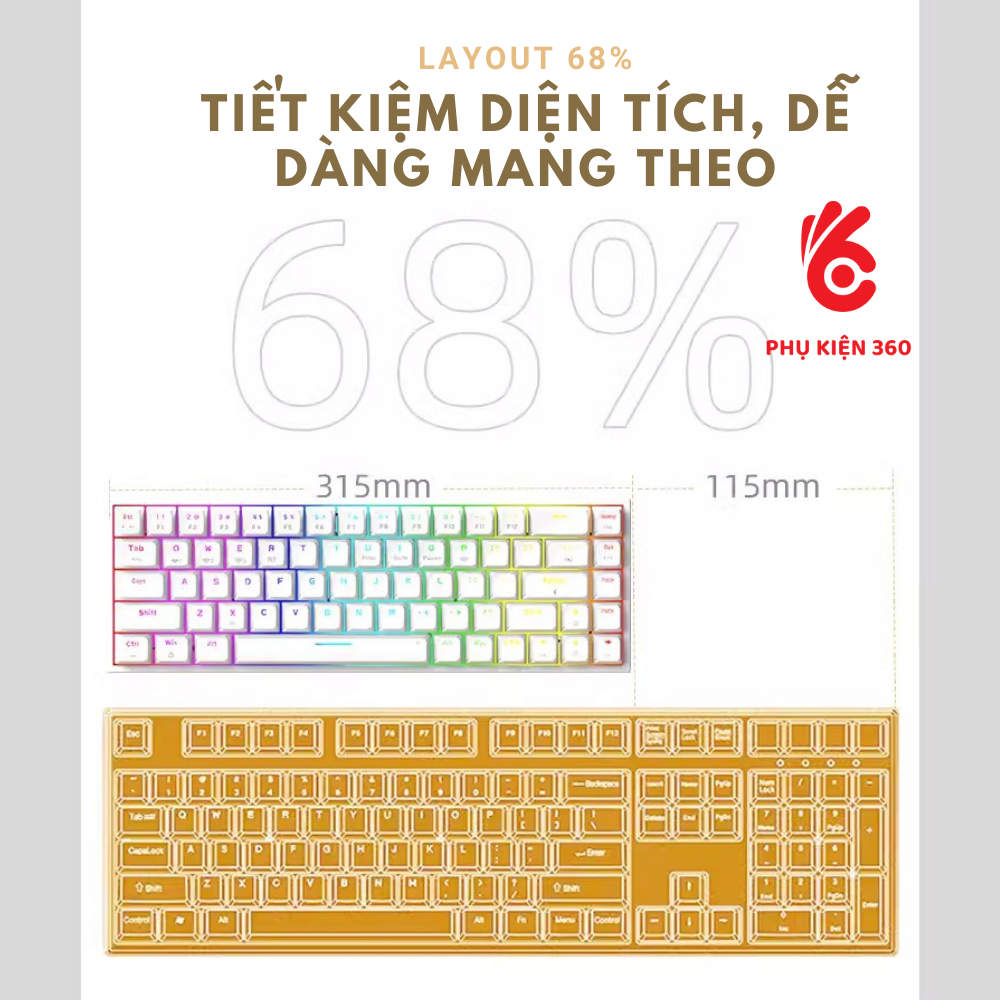 Bàn phím cơ không dây C068 - Trục cơ Yellow switch - 3 mode kết nối ...