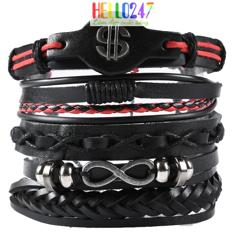 Vòng tay da nam nữ bộ 5 chiếc handmade HELLO247, Set bộ 5 lắc tay ...