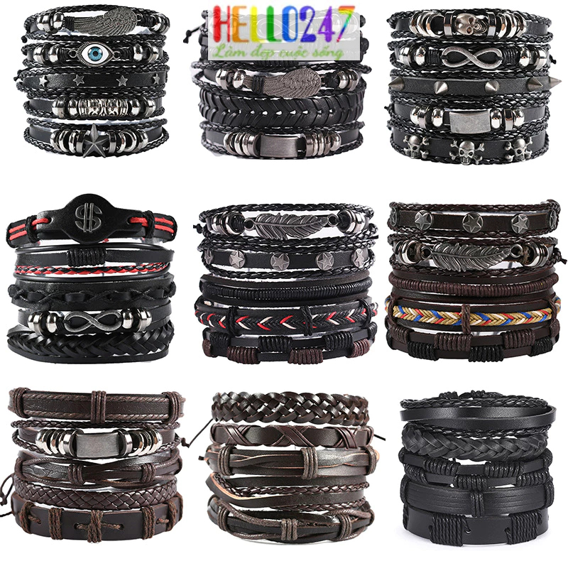 Vòng tay da nam nữ bộ 5 chiếc handmade HELLO247, Set bộ 5 lắc tay ...