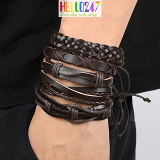 Vòng tay da nam nữ bộ 5 chiếc handmade HELLO247, Set bộ 5 lắc tay ...