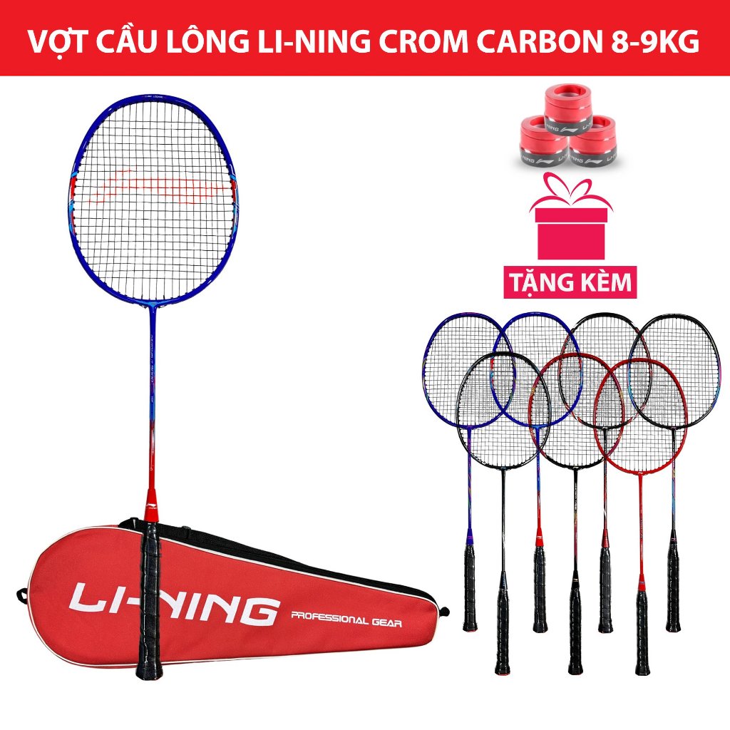 Vợt cầu lông Lining khung Carbon căng sẵn 8-9kg, vợt nhẹ cán dẻo, kèm ...
