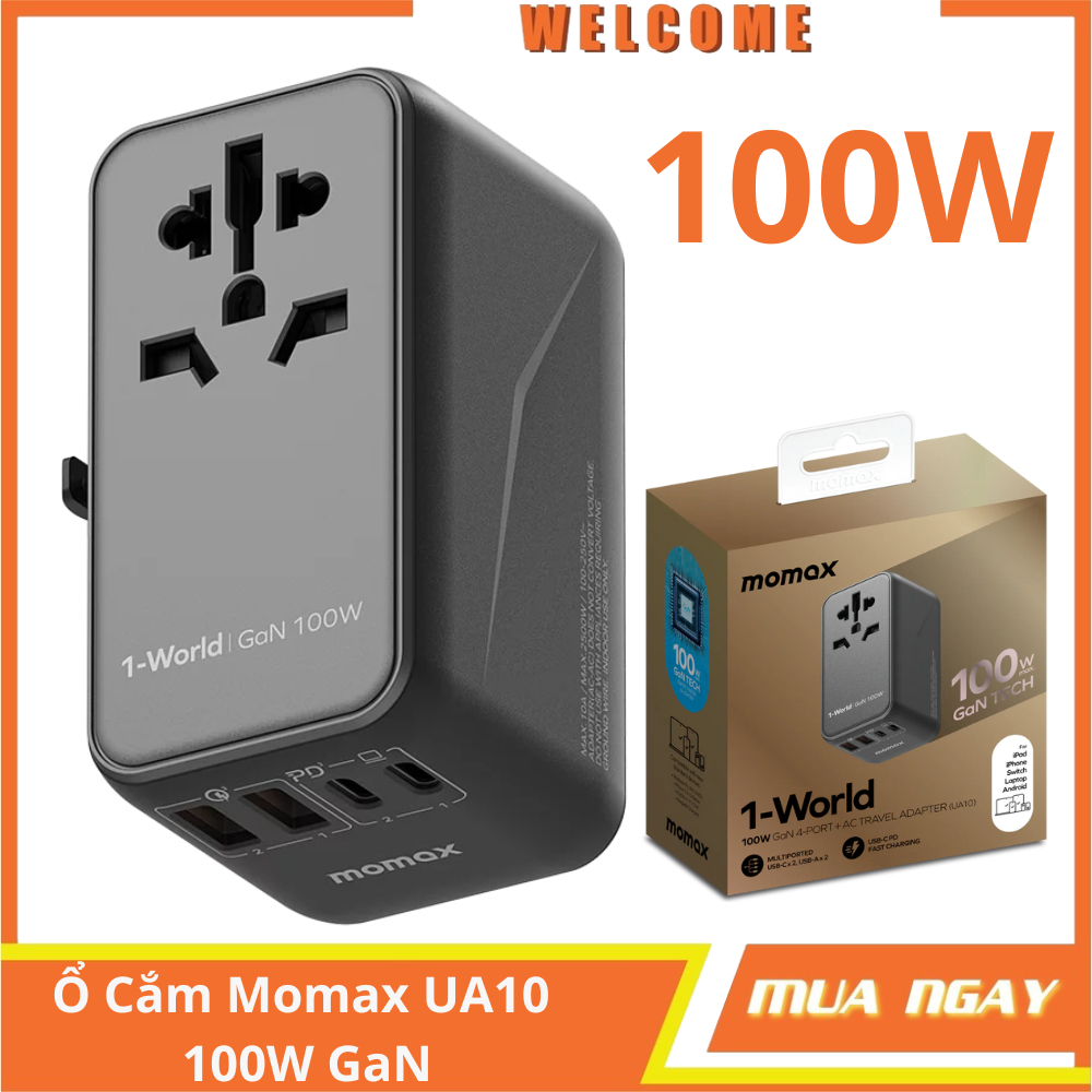 Ổ cắm du lịch Momax UA10 1-World 100W GaN 4 Ports + AC 100-250V 2500W sạc nhanh,Phù hợp tất cả ổ ...