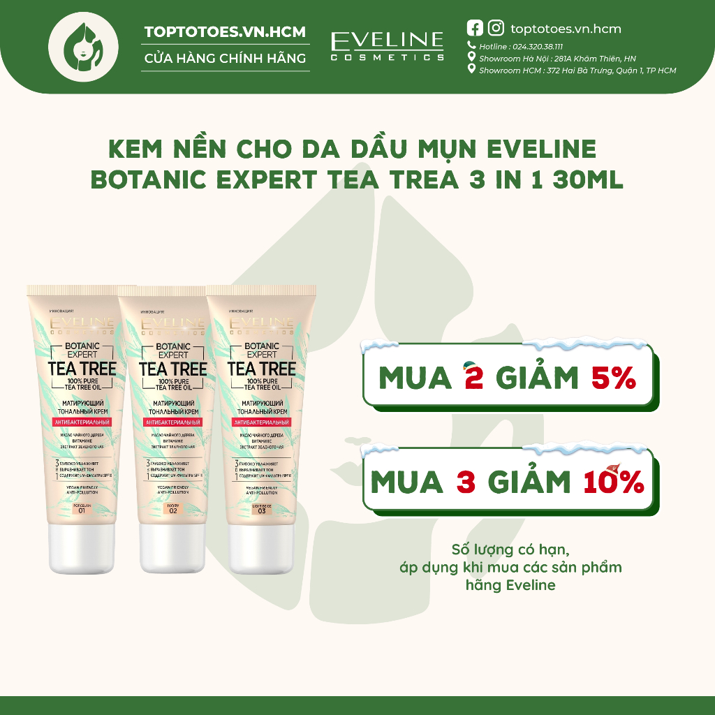 Kem nền cho da dầu mụn Eveline Botanic Expert Tea Tree 3 In 1 30ml | Shopee Việt Nam