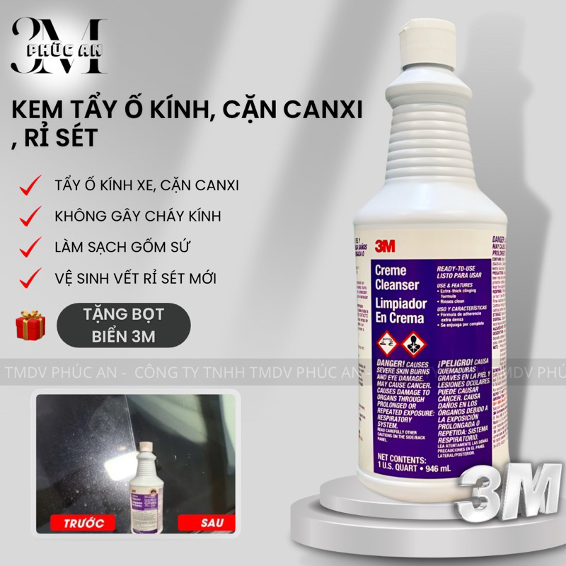 Dung dịch tẩy ố kính xe 3M, vảy cá trên vách kính, tẩy rỉ sét inox, vệ sinh bồn tắm 946ml nhập ...