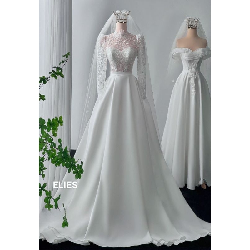 ELIES Đầm cưới ren chiếc lá tay dài kín đáo, váy cưới cô dâu làm lễ ...