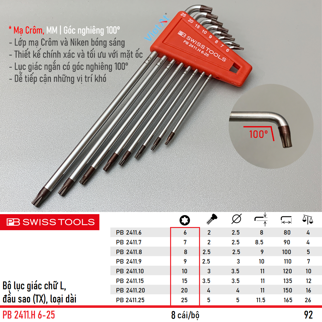 Bộ lục giác, đầu sao (hoa thị/Torx) PB 2411.H 6-25, nghiêng 100°, loại dài 8 chi tiết (T6-T25 ...