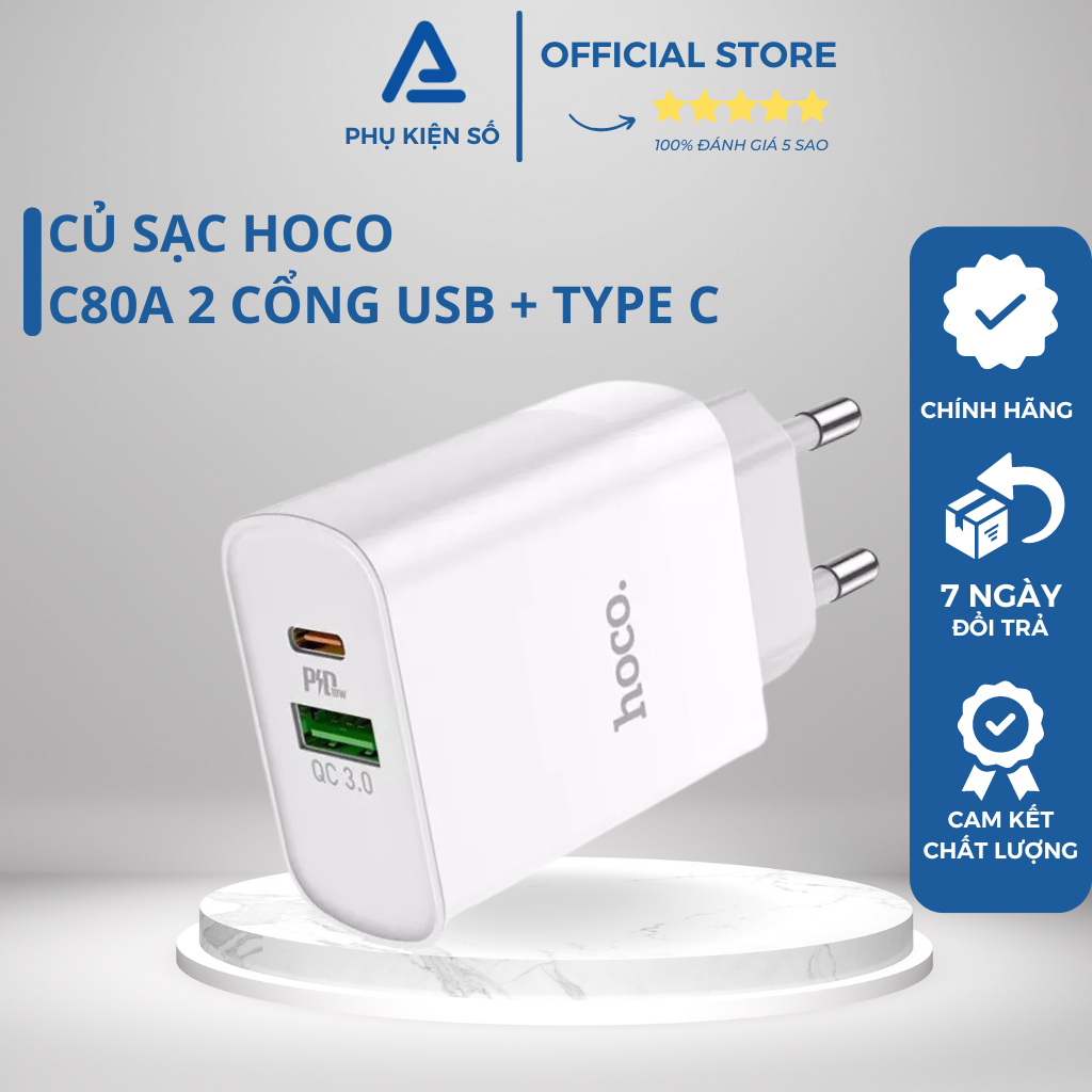 Củ sạc nhanh HOCO C80A cổng USB + Type-C hỗ trợ sạc nhanh 18W dùng cho tất cả các dòng máy, bảo ...