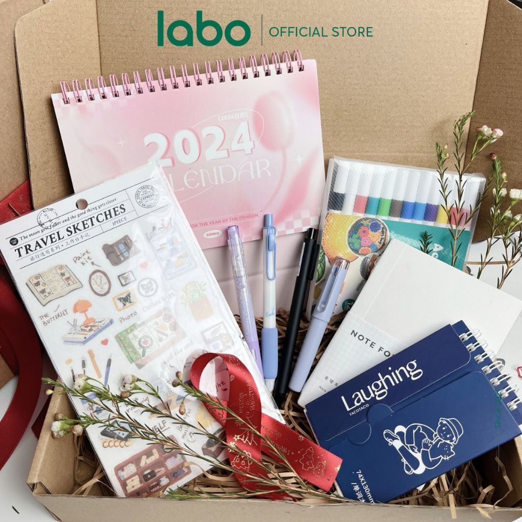Quà Tặng Tết Hộp Combo Bút Gel, Highlight, Lịch, Sổ, Sticker LABO ...