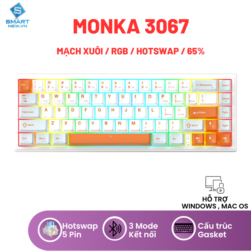 Bàn phím cơ không dây MONKA 3067 Pro V2 - 3 MODE Kết Nối - Có Hotswap ...