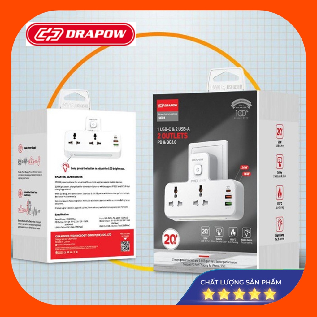 Ổ cắm DRAPOW SK22 Sạc nhanh USB-C 20W PD cổng QC 3.0 18w ,2 ổ 220v, đèn ...