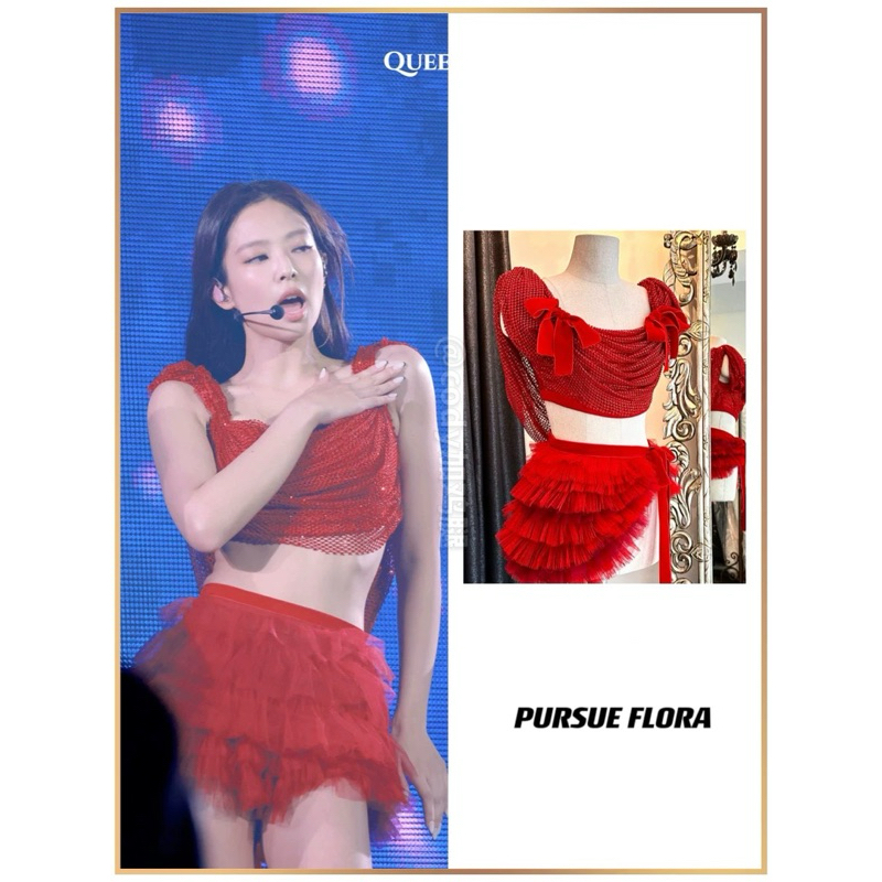 Set áo cổ đổ Jennie BLACKPINK lấp lánh chân váy ballet core màu đỏ you ...