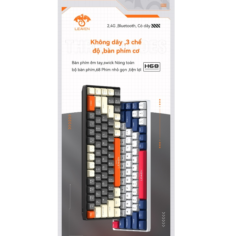 Bàn phím cơ không dây LEAVEN H68 68 keys nhỏ gọn 9 phối màu đẹp mắt cho máy tính laptop văn ...
