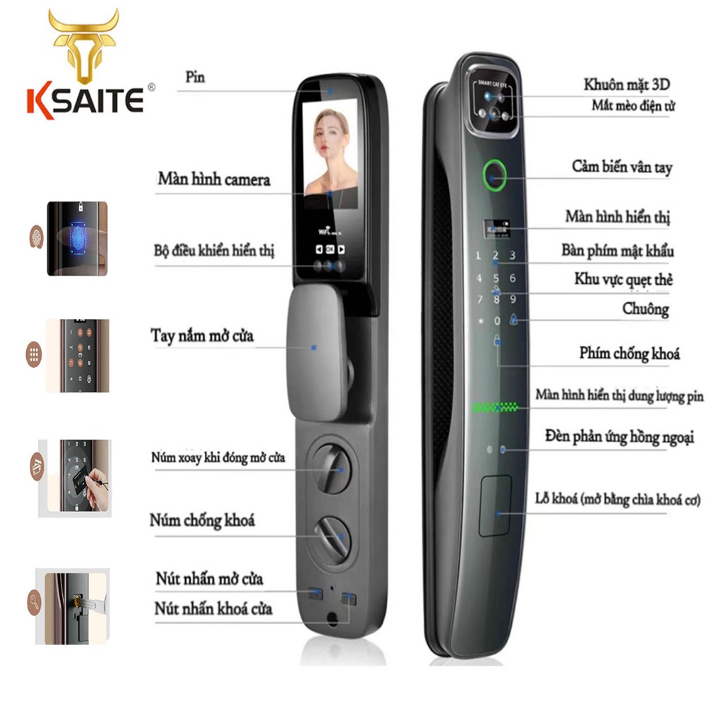 Khóa vân tay Ksaite giọng nói Tiếng Việt P1S Màu Đen - Phù hợp cho cửa ...