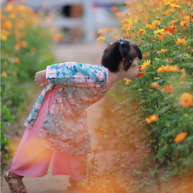 (Yi Closet) Set áo dài thô cotton dễ thương xanh hồng (10 - 25kg) kèm ...