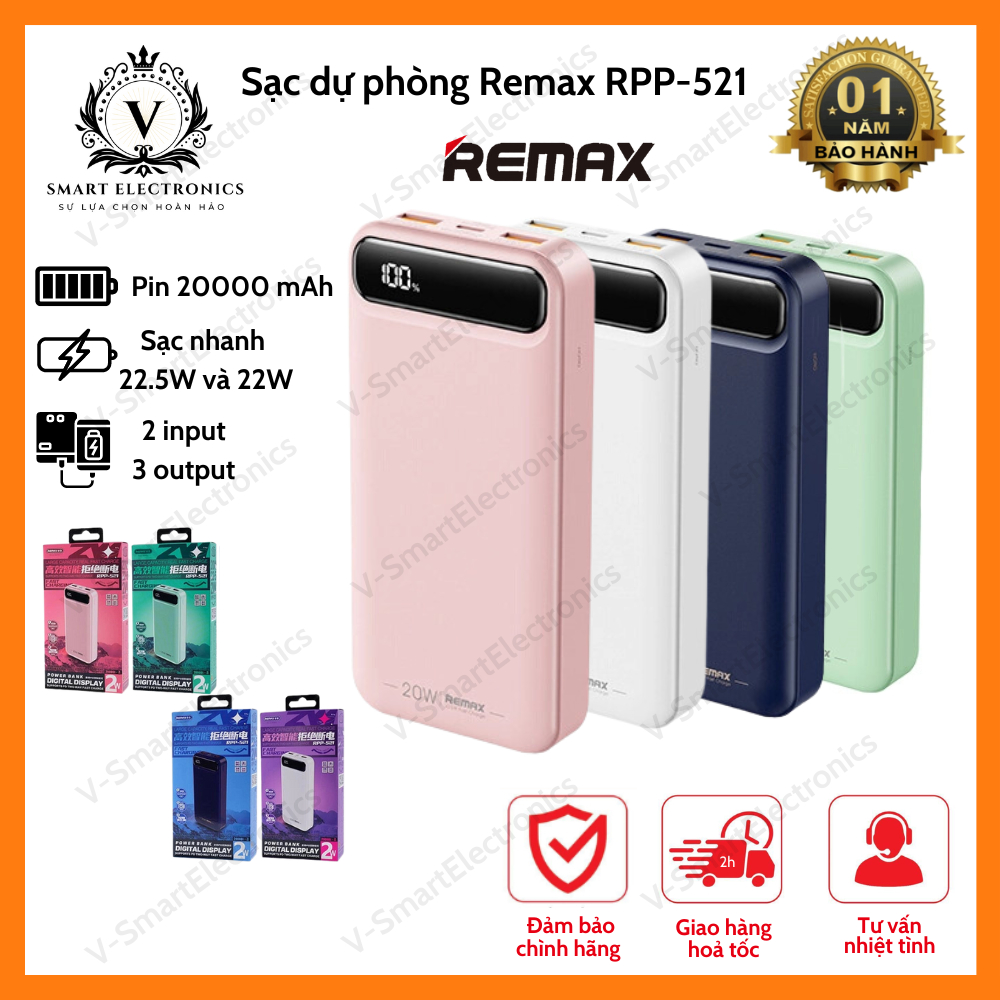 Sạc dự phòng Remax RPP-521 20000mAh hỗ trợ sạc nhanh 22.5W và 20W pin dự phòng tích hợp 2 input ...