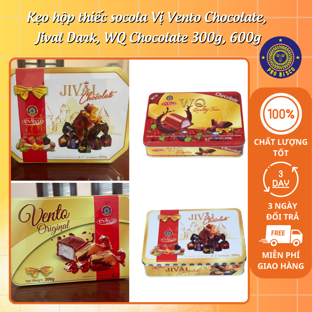 Kẹo hộp thiếc socola Vị Vento Chocolate, Jival Dark, WQ Chocolate 300g ...