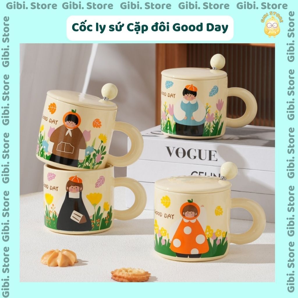 Cốc ly sứ Cặp đôi Good Day dễ thương kèm nắp,thìa,hộp quà GIBI STORE ...
