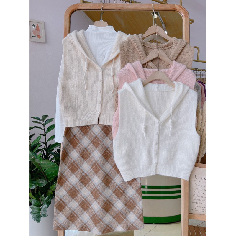 Áo len ghile mũ cúc ngọc cài cùng màu cực xinh hàng Qc A346 | Shopee ...