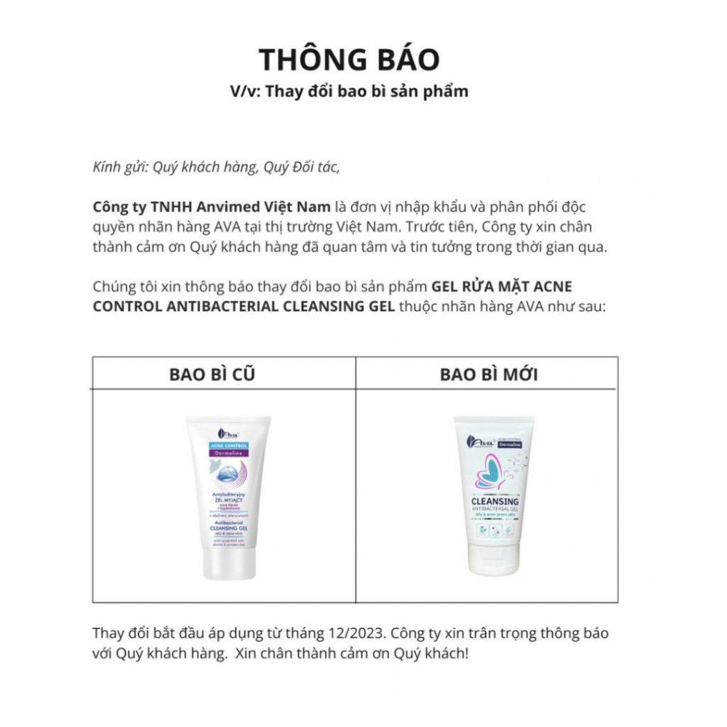 Sữa Rửa Mặt Ava Acne Control - Antibacterial Cleansing Gel 150ml ...