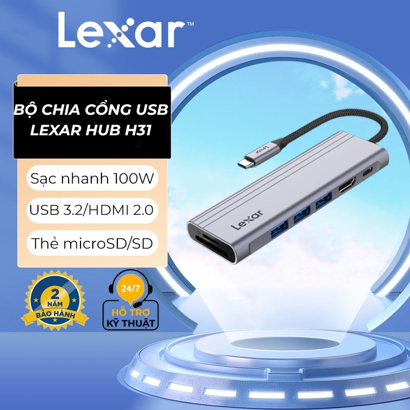 Bộ chia cổng USB 7 in 1 Lexar Hub H31, 3 cổng USB 3.2, 1 cổng HDMI 2.0, 1 cổng sạc nhanh 100W ...