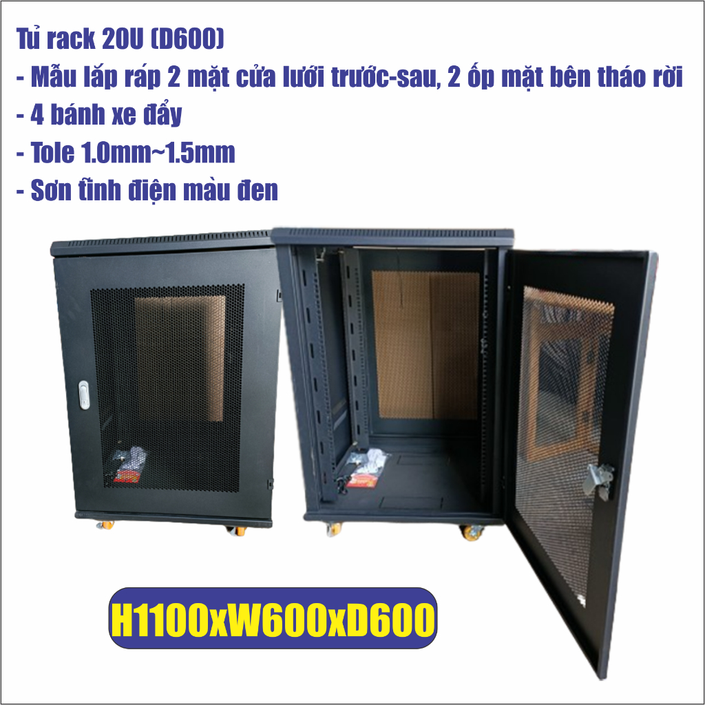 TỦ RACK 20U (D600) - có bánh xe, màu đen, 2 cửa lưới, 2 ốp hông tháo rời, tủ server, tủ thiết bị ...