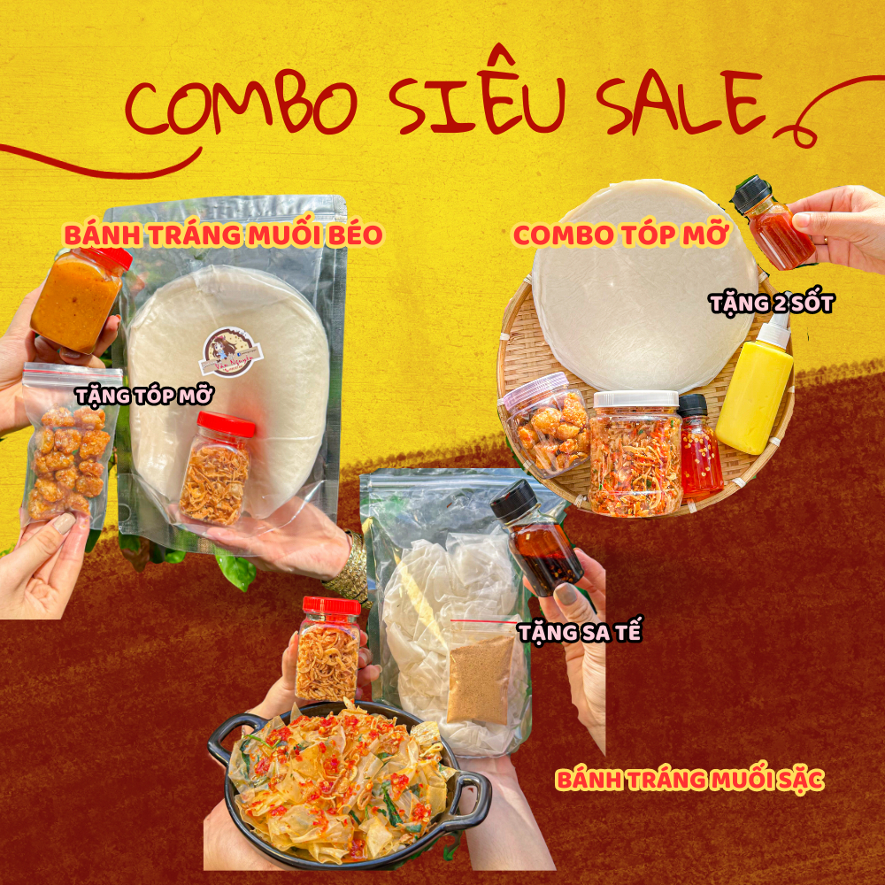 Combo SIÊU SALE bánh tráng muối béo, bánh tráng muối sặc và combo tóp ...