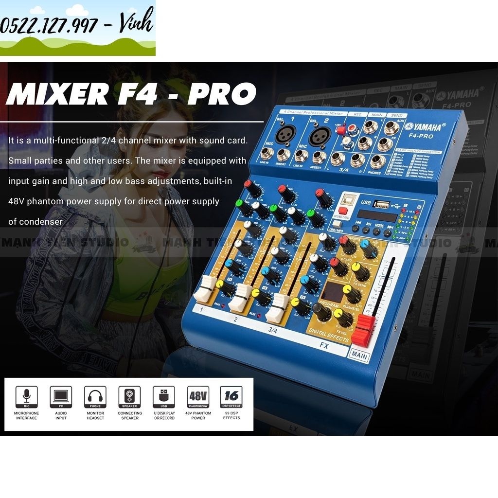 Mixer Yamaha F4 Pro - Tích hợp vang số 16 chế độ vang- Chuyển đổi thành ...