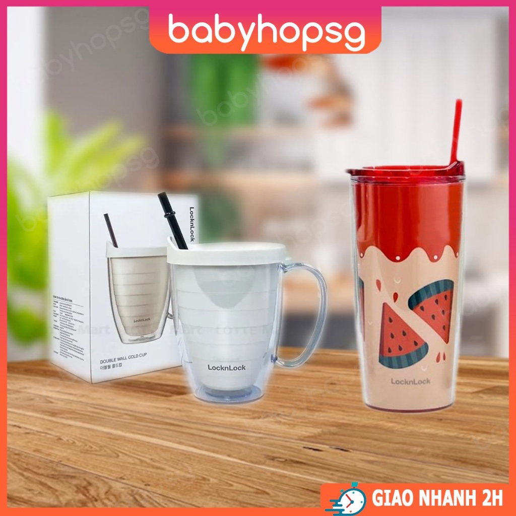 Ly nhựa 2 lớp LocknLock kèm ống hút Double Wall Cold Cup Màu Trắng Ngà HAP525 - Màu Đỏ HAP524 ...