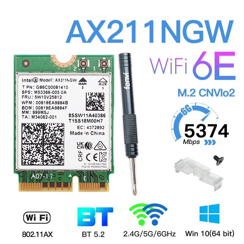 Wifi Intel AX211, M.2 wifi ax211ngw băng tần 2.4G, 5.8G và 6G Wi-Fi 6E tốc độ 5374M, bluetooth 5 ...