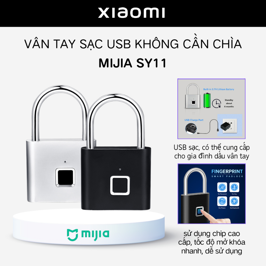 Khóa vân tay sạc USB không cần chìa khóa Xiaomi Khóa móc thông minh 0,1 ...