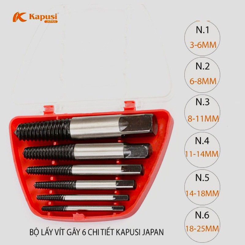 Bộ tháo bu lông ốc vít gãy hãng Kapusi Nhật Bản 6 chi tiết 3-22mm taro ...