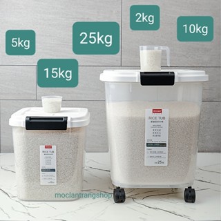 Hộp đựng gạo 2kg 5kg 10kg. Thùng gạo 15kg 25kg có bánh xe, hộp nhựa trong suốt xuất Nhật chống ...