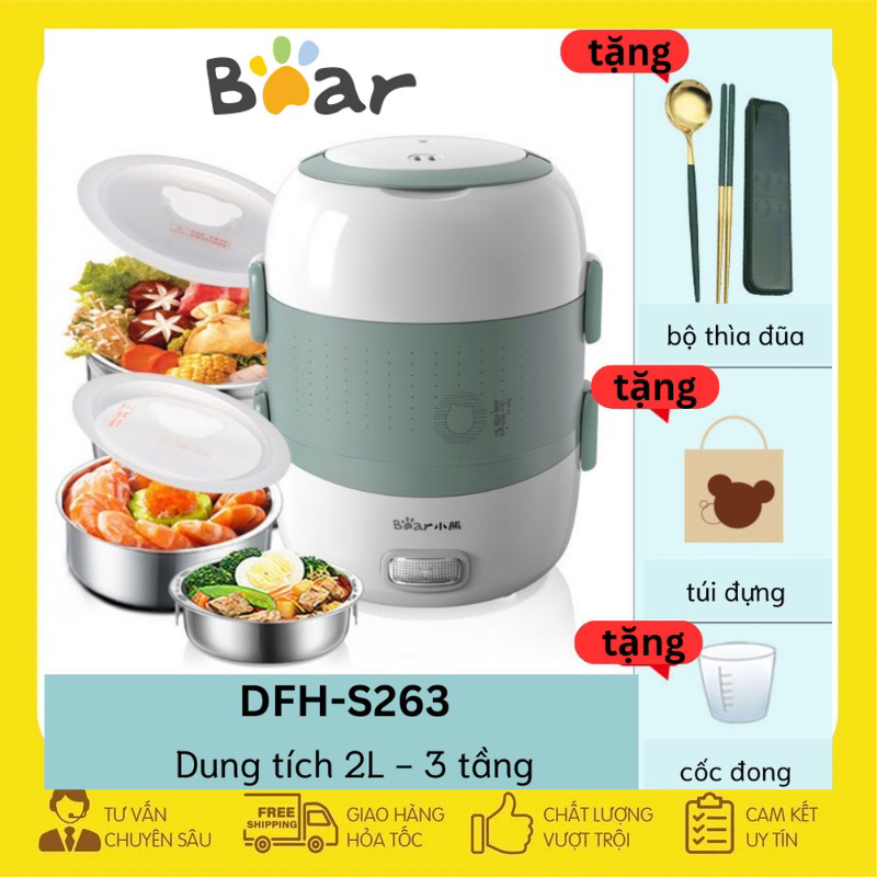 Hộp cơm cắm điện Bear DFH-S263 loại 3 tầng dung tích 2L với hệ thống ...